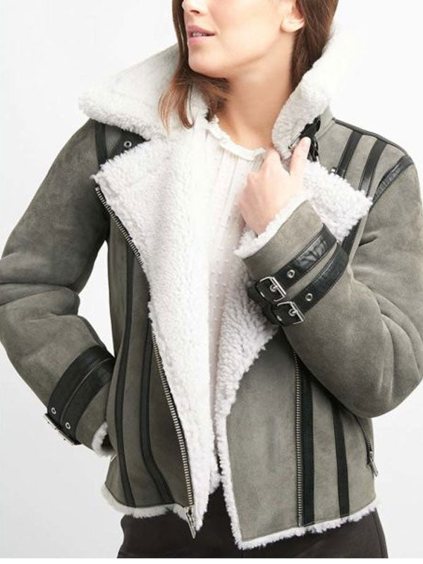 Elena Grey Suede Leather Shearling Jacket - JacketMakerUSA – JaketMakerUSA
