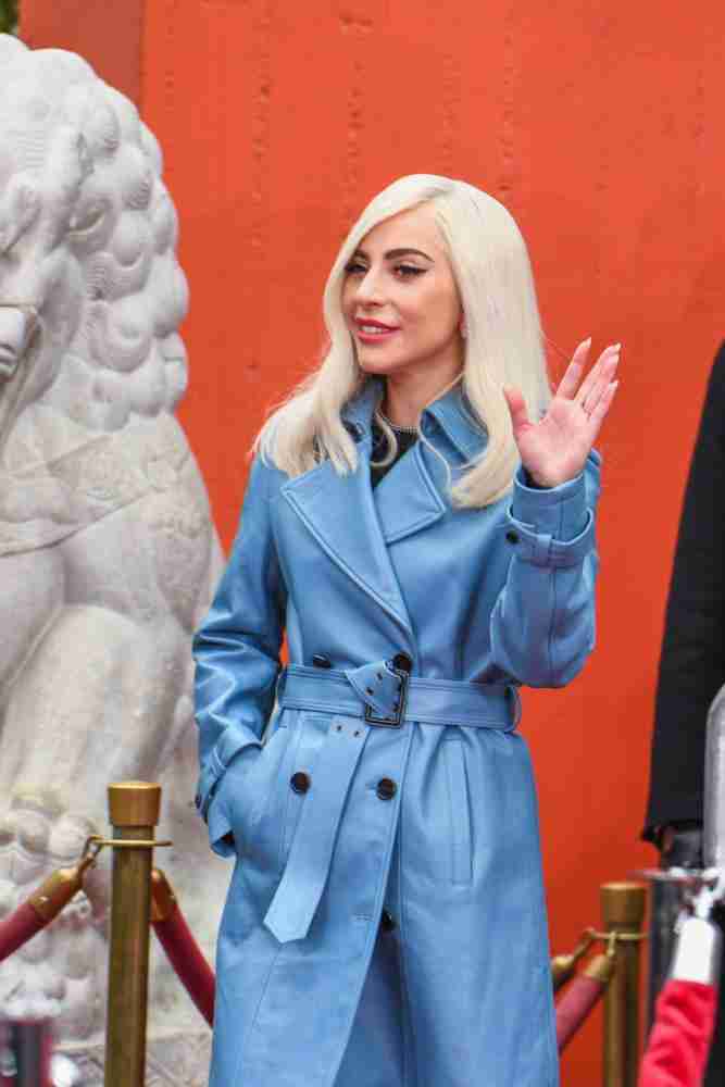 Lady Gaga Blue Leather Trench Coat | JacketMakerUSA – JaketMakerUSA
